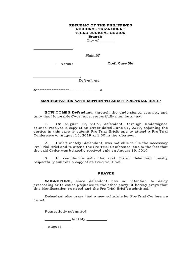 Manifestation With Motion To Admit Pre-Admit Pre-Trial BriefSAmple | PDF