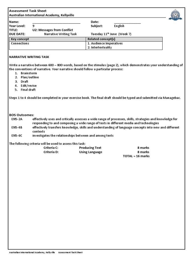 Australian International Academy, Kellyville Assessment Task Sheet | PDF