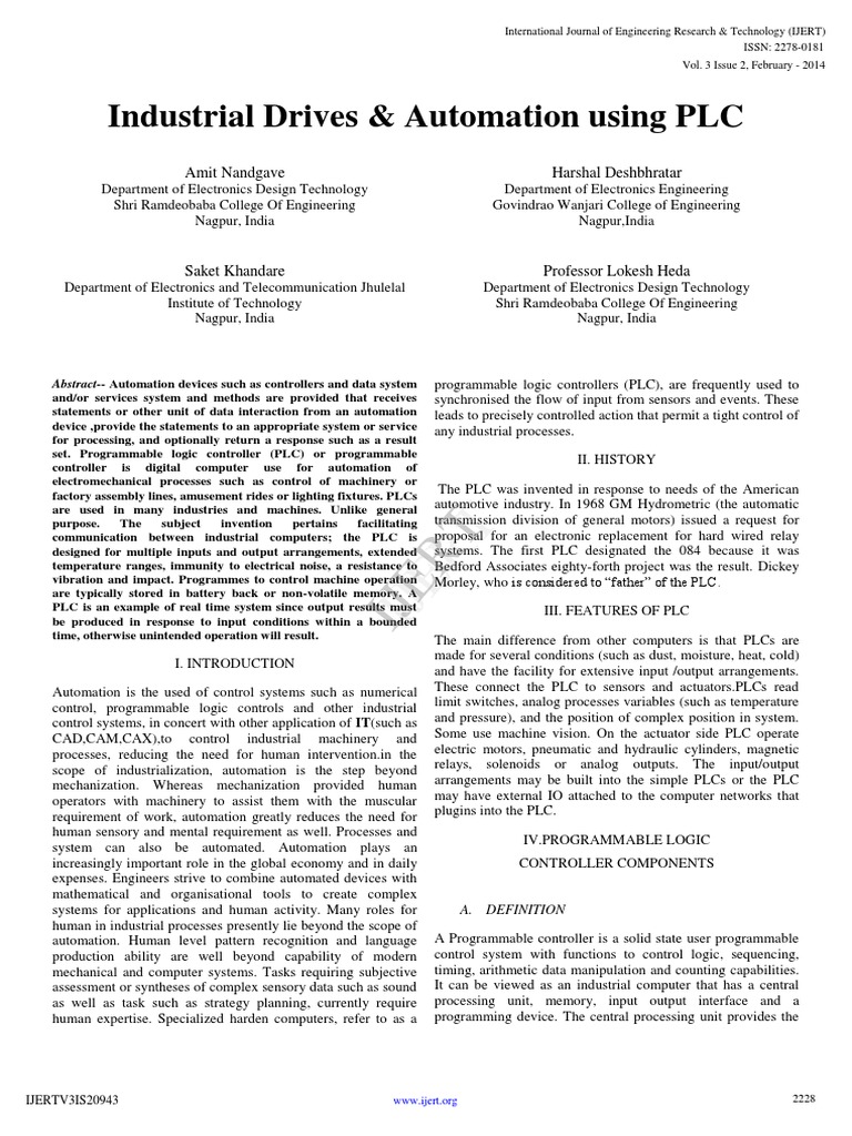 Ijert Ijert: Industrial Drives & Automation Using PLC | PDF | Programmable Logic Controller ...