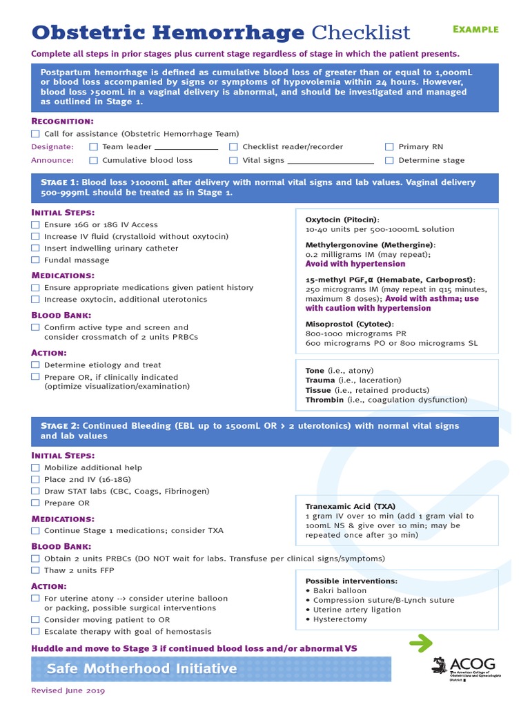 Obstetric Hemorrhage Checklist: Safe Motherhood Initiative | PDF ...