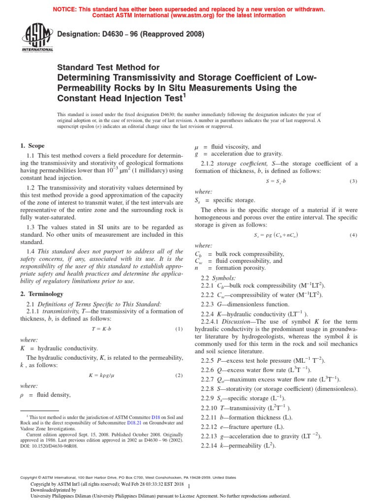ASTM D4630-96 Standard Test Method For Determining Transmissivity and ...