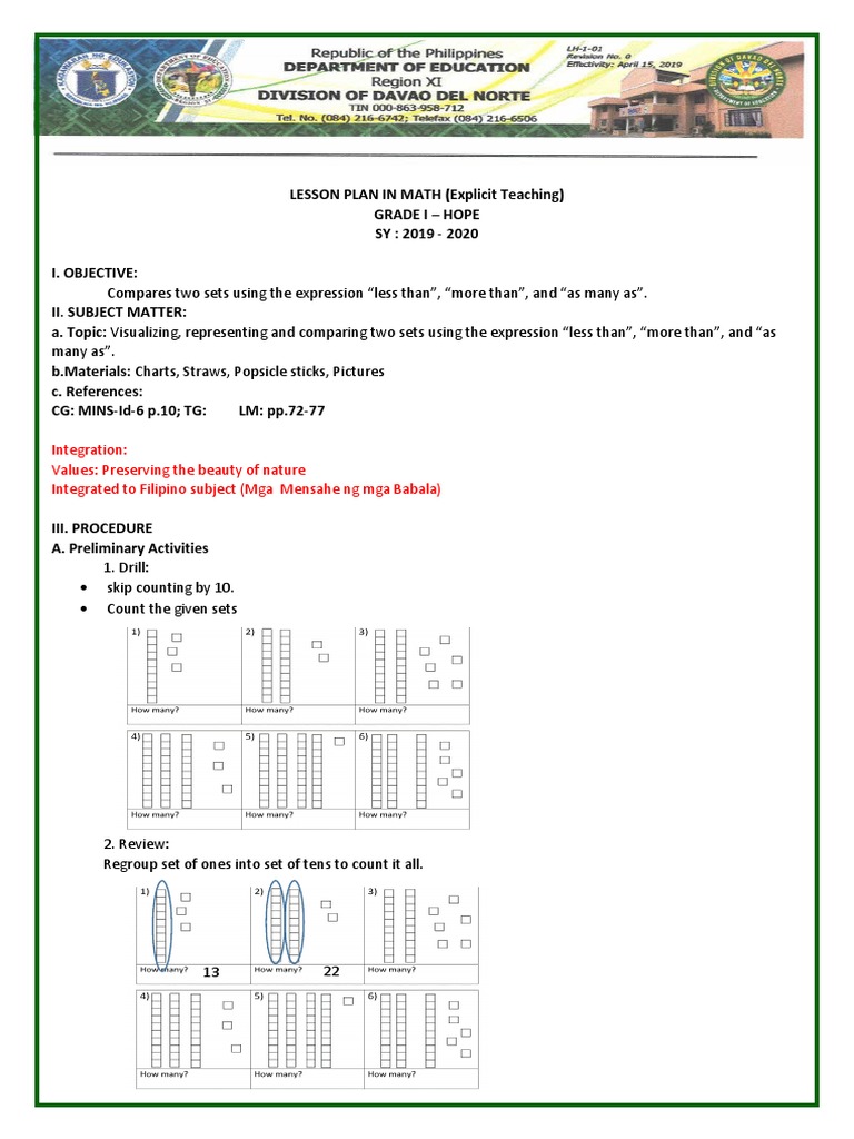 Cot 1 1st Q Math Compares Two Sets Using Expression Less Than More Than ...