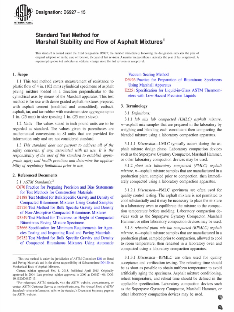 ASTM D6927 Standard Test Method For Marshall Stability and Flow of ...