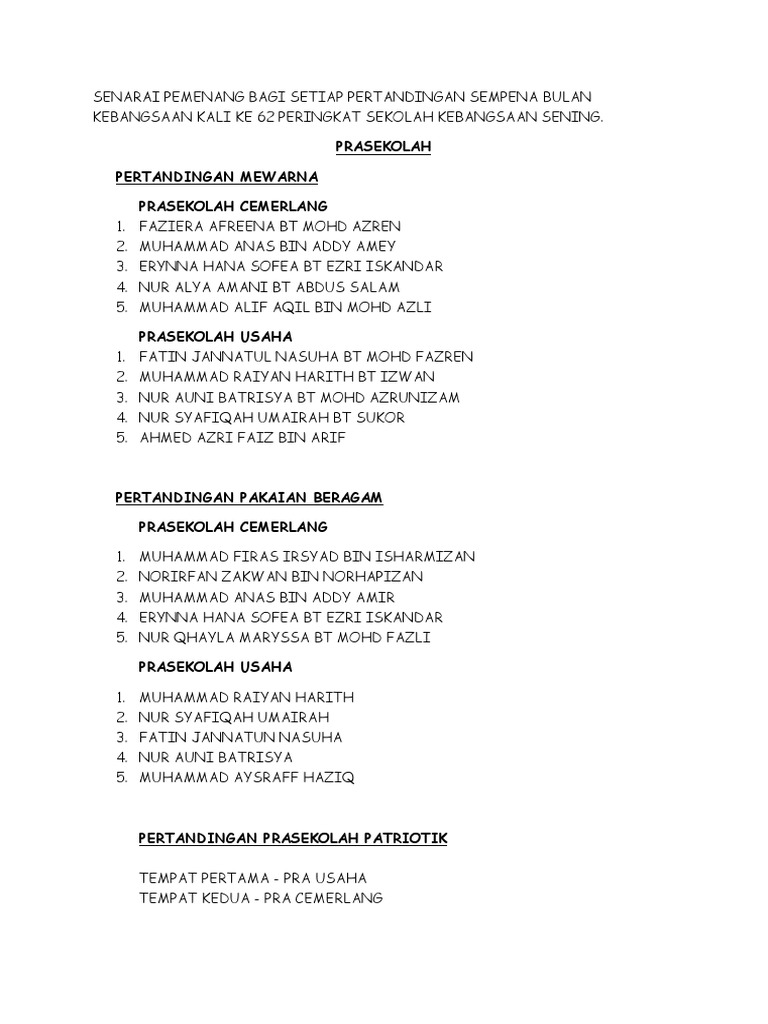 Senarai Pemenang Pertandingan Merdeka | PDF