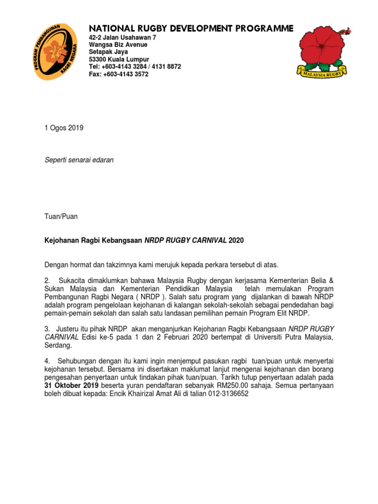 Karnival Ragbi NRDP 2020 Surat Jemputan | PDF