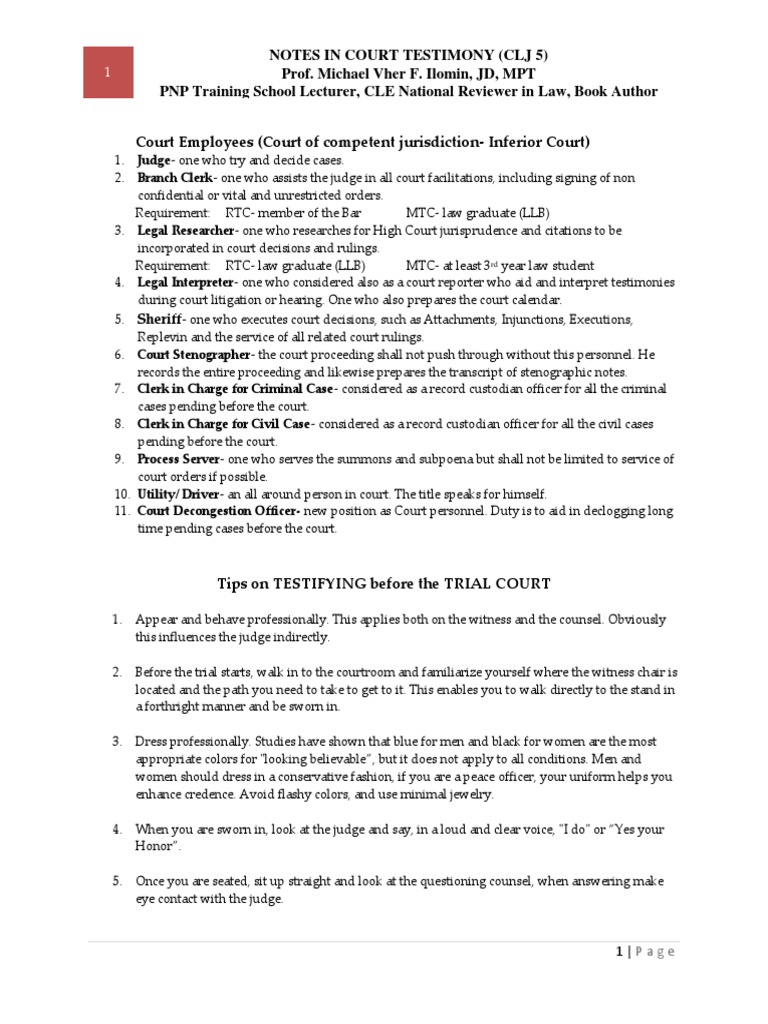 Notes in Court Testimony (CLJ 5) Prof. Michael Vher F. Ilomin, JD, MPT ...
