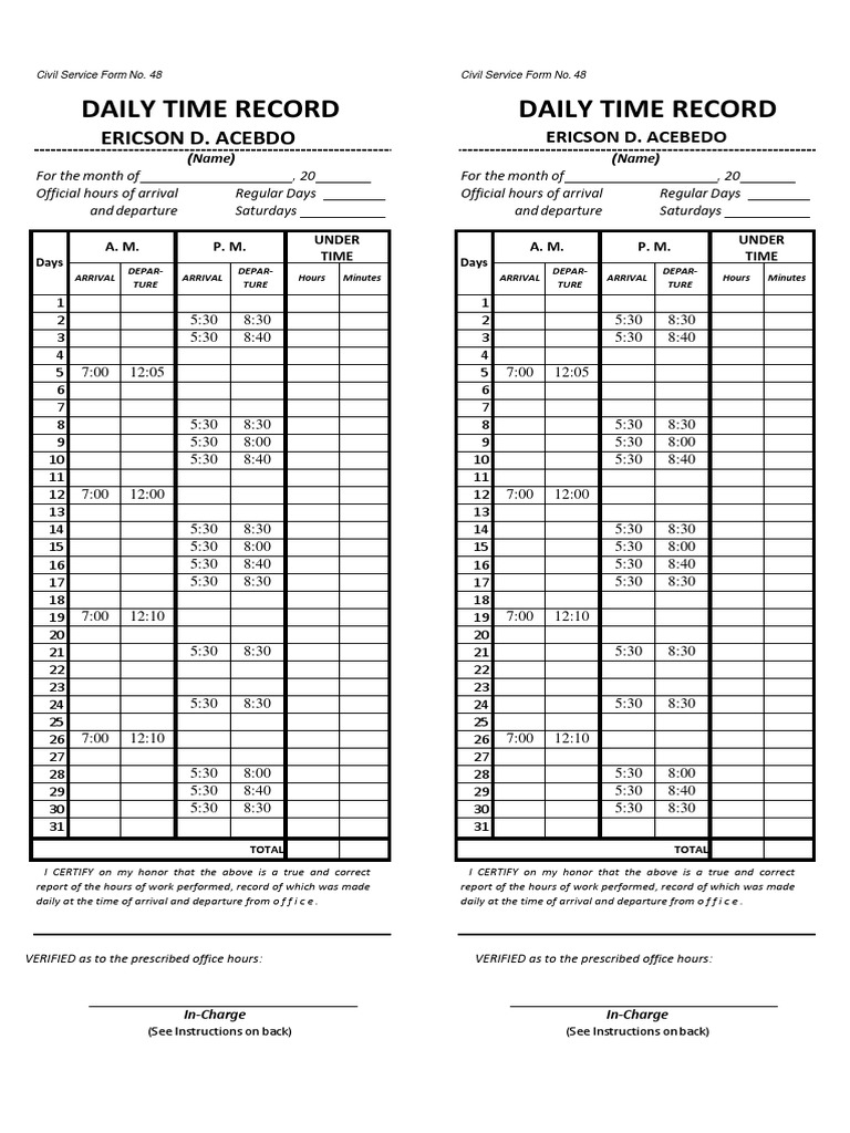Daily Time Record Daily Time Record: Ericson D. Acebdo | PDF | Law ...