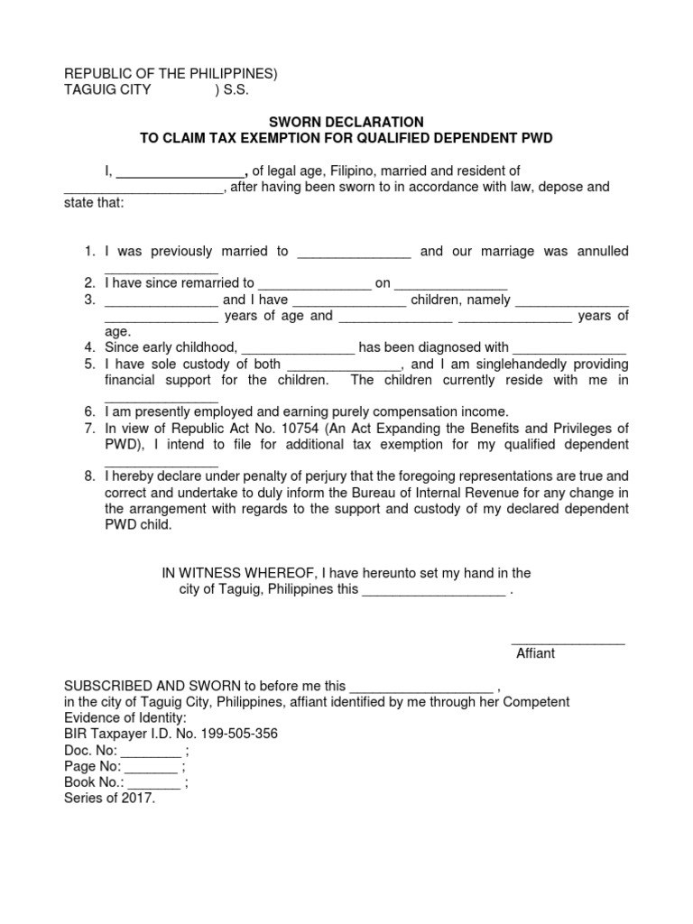 Affidavit For PWD Exemption | PDF
