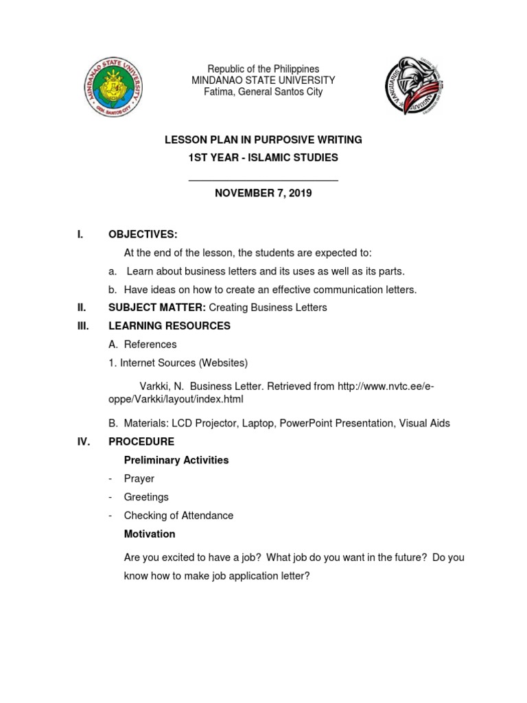 Purposive Writing: Business Letters | PDF | Lesson Plan | Microsoft ...