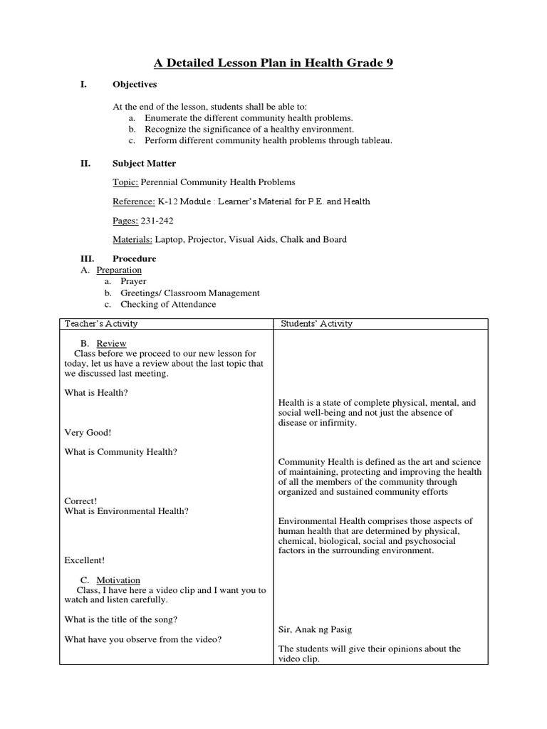 A Detailed Lesson Plan in Health Grade 9 | PDF | Public Health | Sanitation