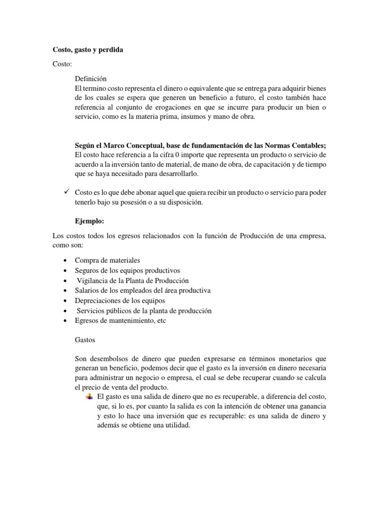 Costos y Gastos y Perdidas | PDF | Costo | Materia prima