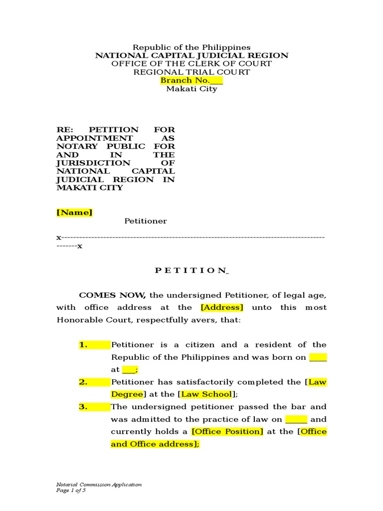 Petition - Notarial Commission - Template | PDF | Notary Public ...