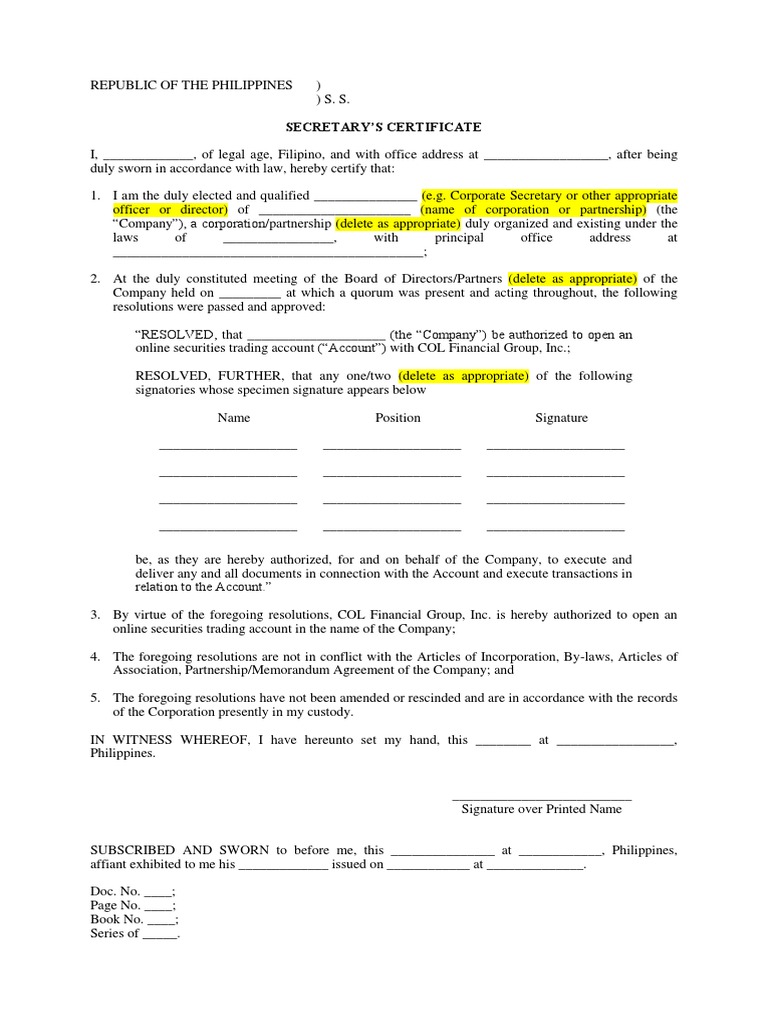 Certificate | PDF | Signature | Board Of Directors