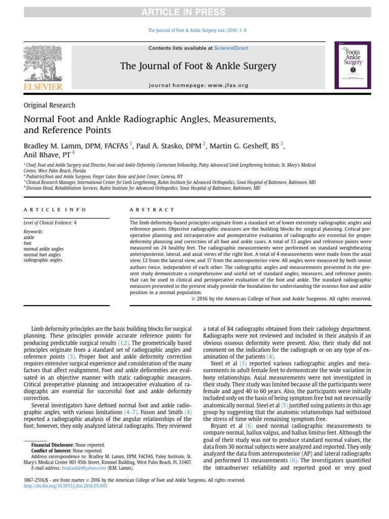 Normal Foot and Ankle Radiographic Angles, Measurements, and Reference ...