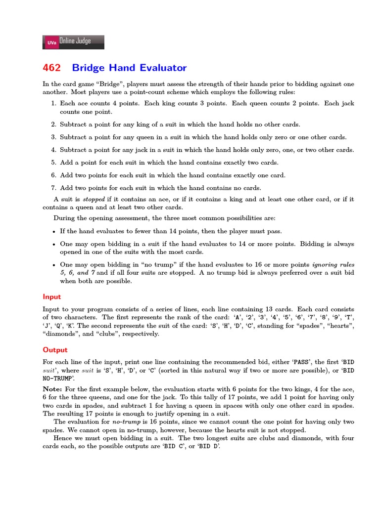 Bridge Hand Evaluator: Input | PDF | Contract Bridge | Trick Taking ...