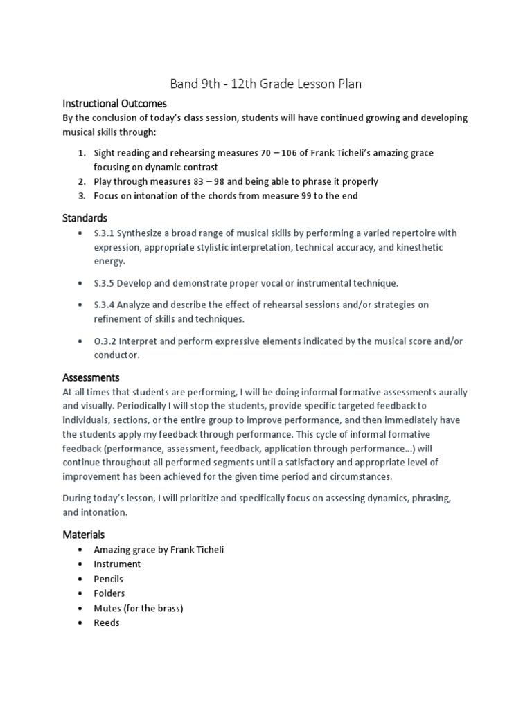 Band 9th - 12th Grade Lesson Plan: Instructional Outcomes | PDF ...
