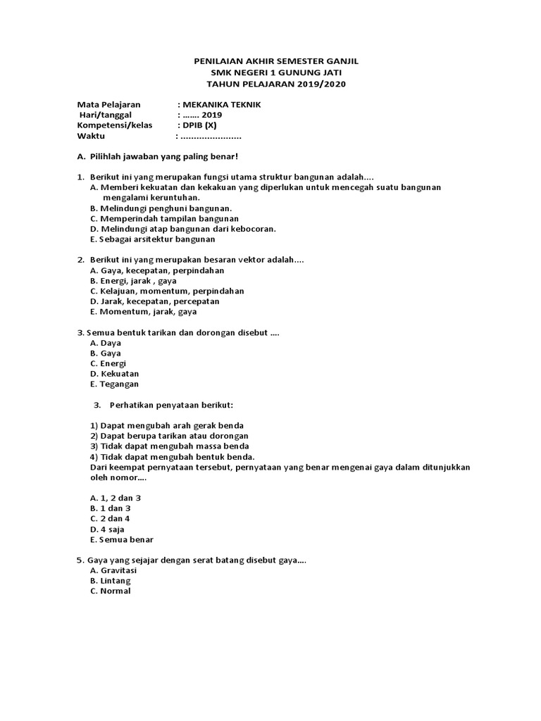 Soal Mekanika Teknik Kls X Dpib | PDF