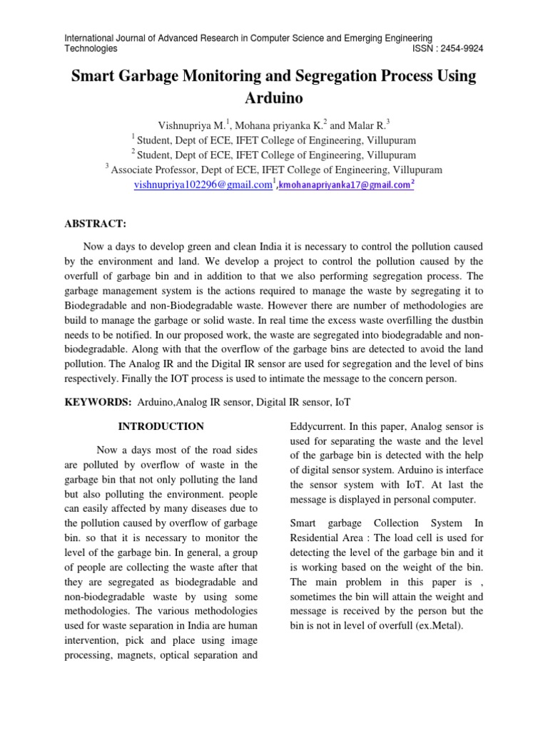 Smart Garbage Monitoring and Segregation Process Using Arduino | PDF | Internet Of Things | Robotics