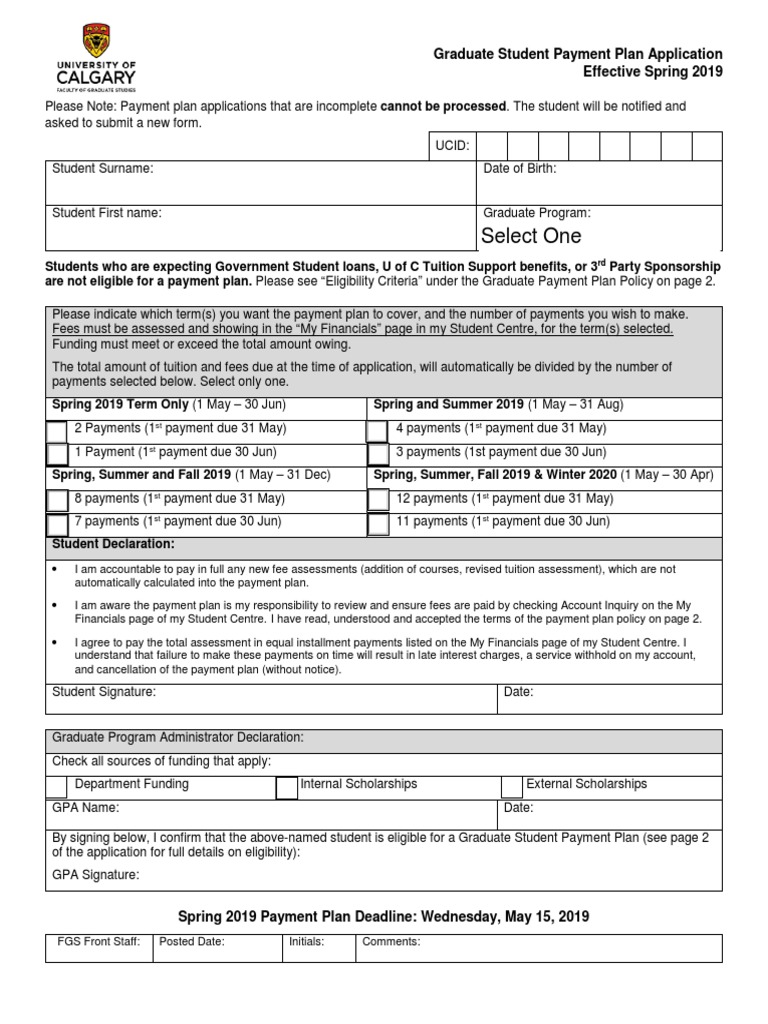 Select One: Graduate Student Payment Plan Application Effective Spring 2019 | PDF | Fee ...