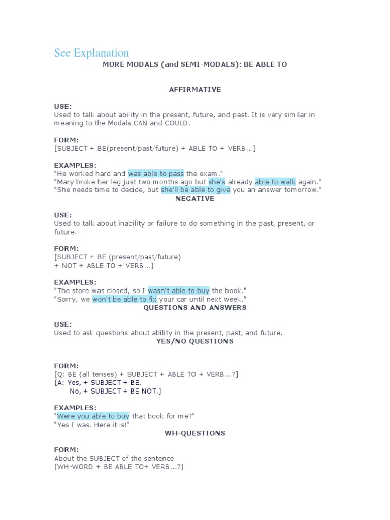 See Explanation: More Modals (And Semi-Modals) : Be Able To | Download ...