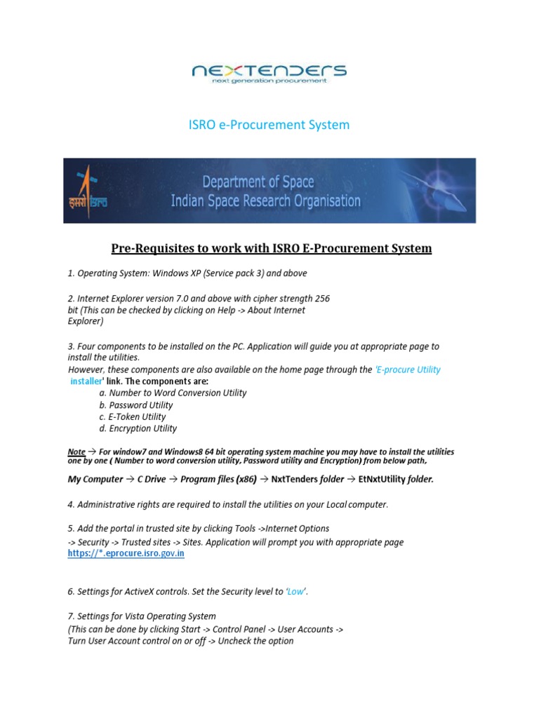 Pre-Requisites To Work With ISRO E-Procurement System | PDF | Internet ...