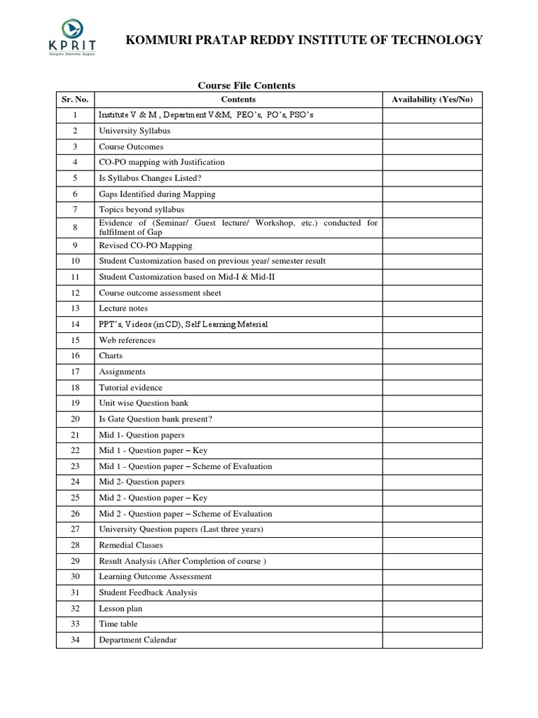 Kommuri Pratap Reddy Institute of Technology: Course File Contents | PDF
