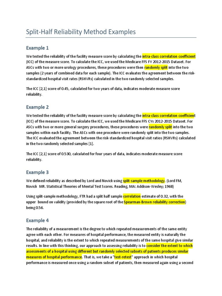 Assessing Reliability of Facility Performance Measures Using Split-Half Methodology Examples ...