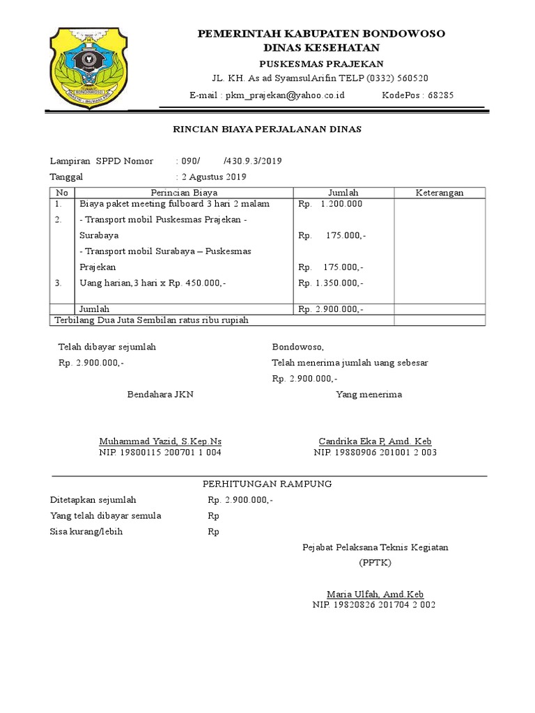 Rincian Biaya Perjalanan Dinas 2019 | PDF