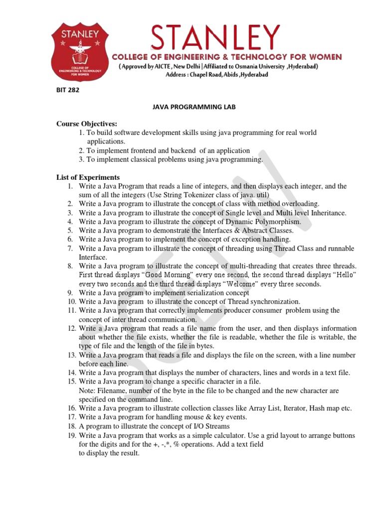 Bit 282 Java Programming Lab Course Objectives Pdf Computer File