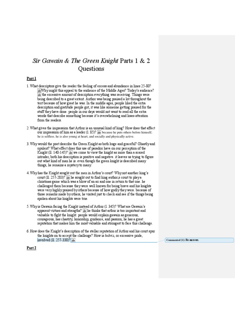Sir Gawain 1 & 2 Questions | PDF | Green Knight | Gawain