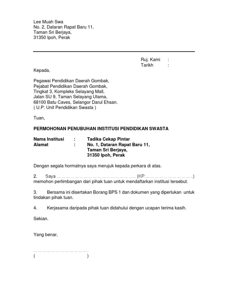 Contoh Surat Permohonan Tadika | PDF
