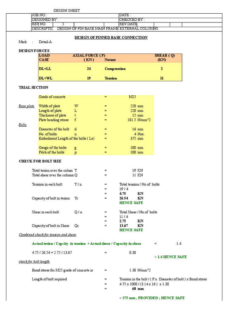 Design of Pinned Base Connection | PDF | Bending | Shear Stress
