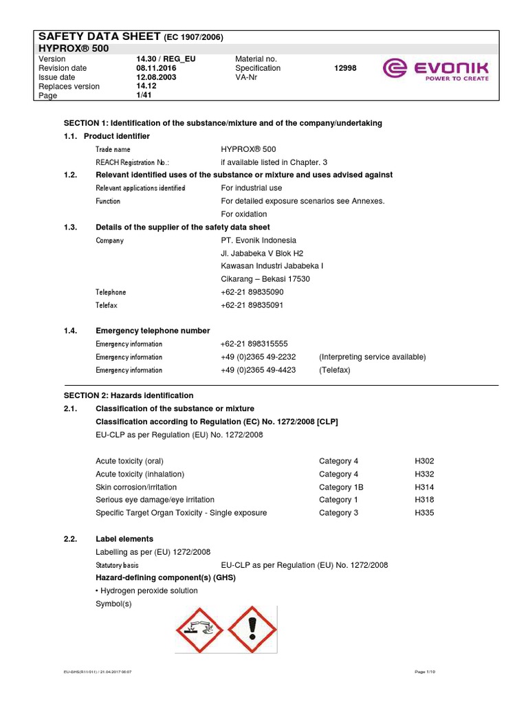 Msds Ho Evonik Eng | Download Free PDF | Toxicity | Personal Protective ...