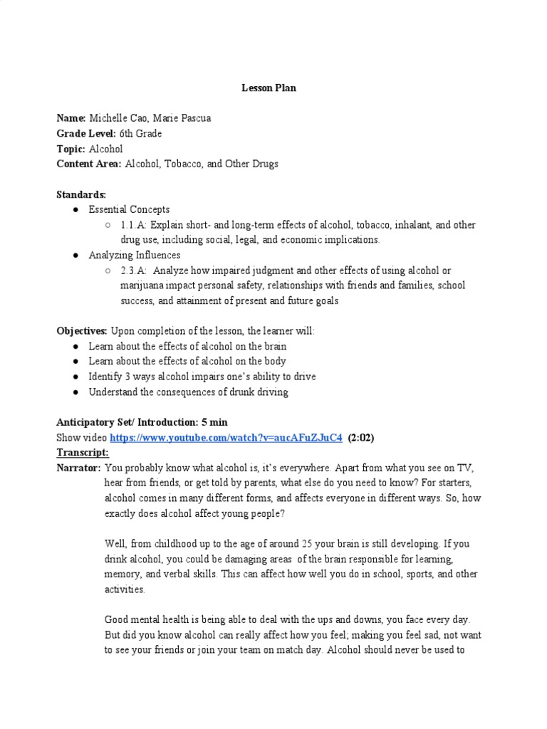 HSC 430 Lesson Plan | PDF | Driving Under The Influence | Alcoholism