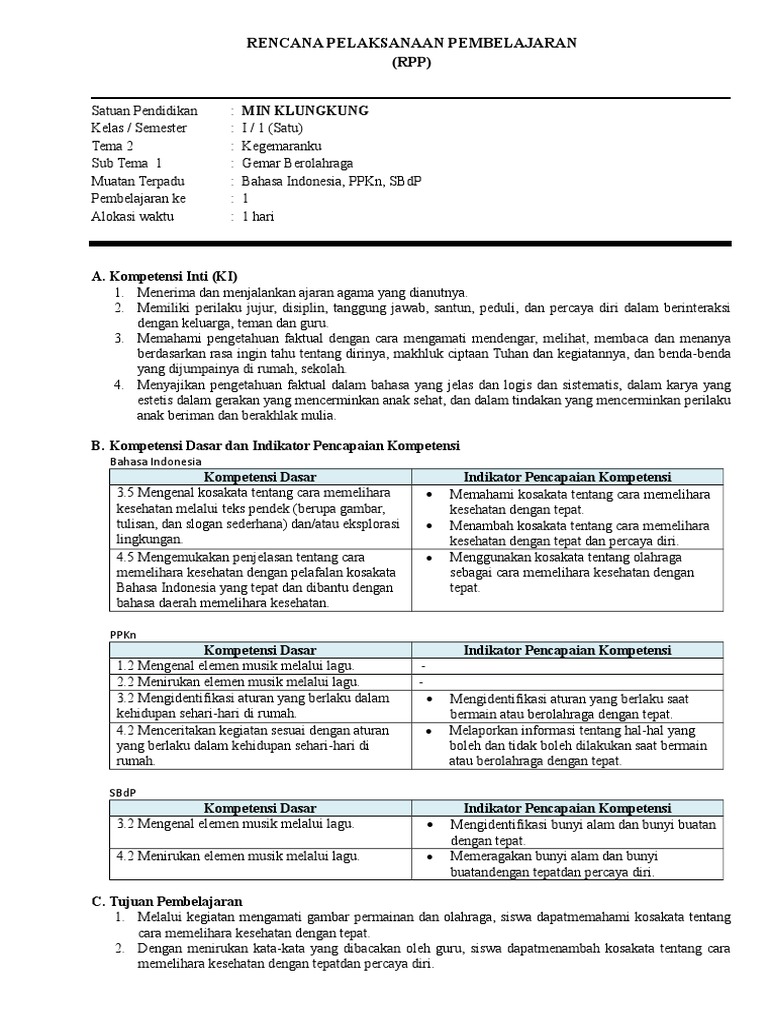 Rencana Pelaksanaan Pembelajaran (RPP) : A. Kompetensi Inti (KI) | PDF