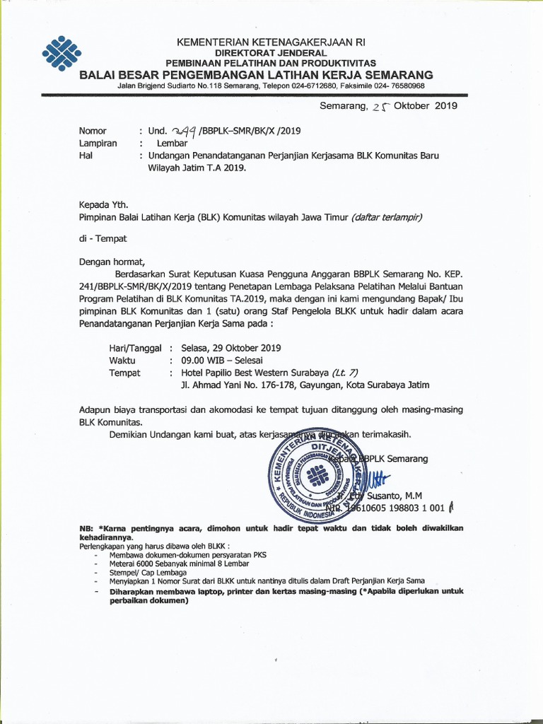 Undangan PKS BLKK Baru Jatim | PDF