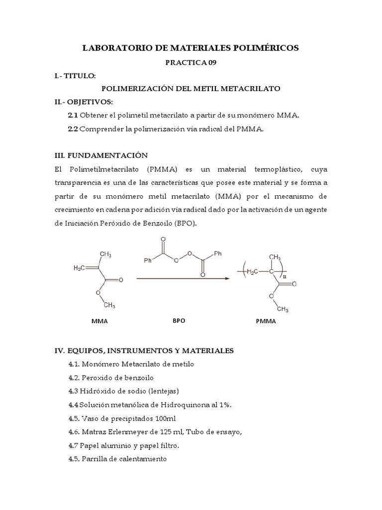 Pract. 9. Pmma | PDF | Polimetacrilato de metilo) | Polímeros