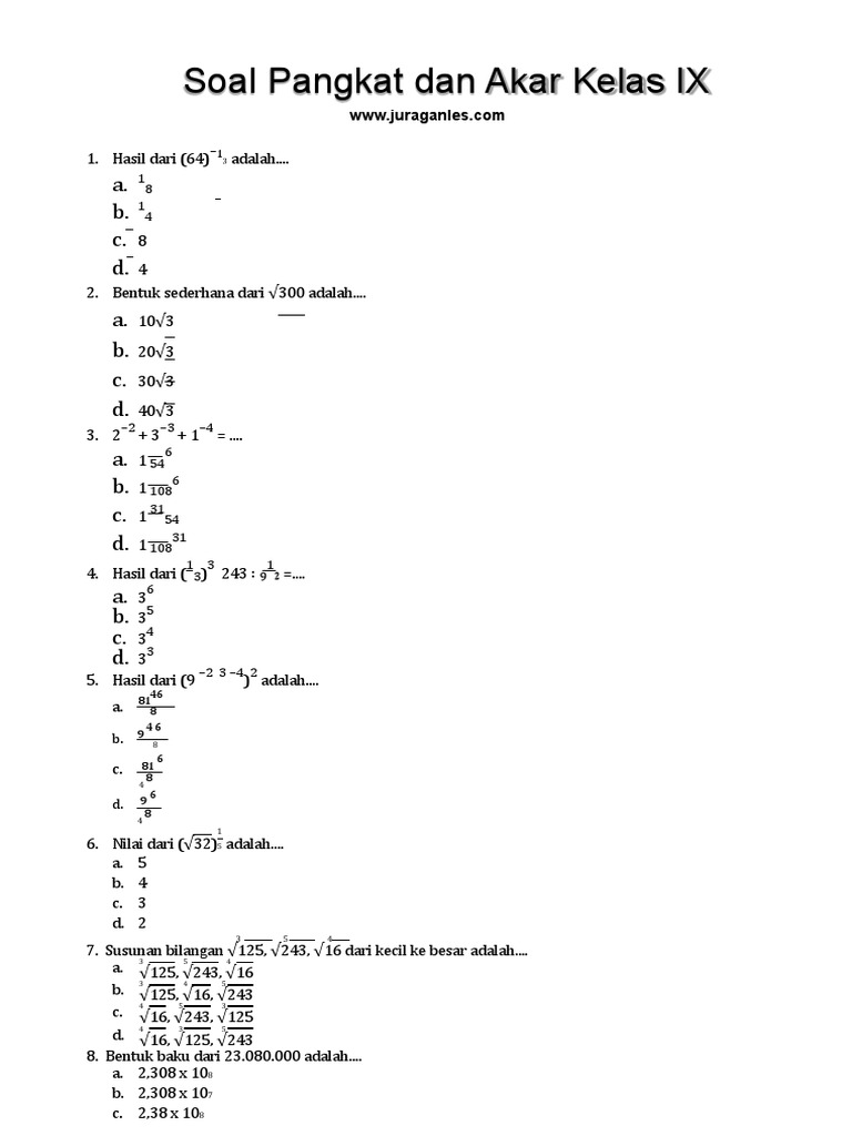 Soal Pangkat Dan Akar Kelas 9 | PDF
