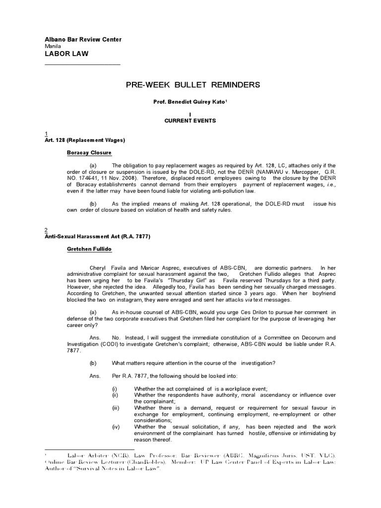 Bar Exam Labor Law Review | PDF | Overtime | Employment