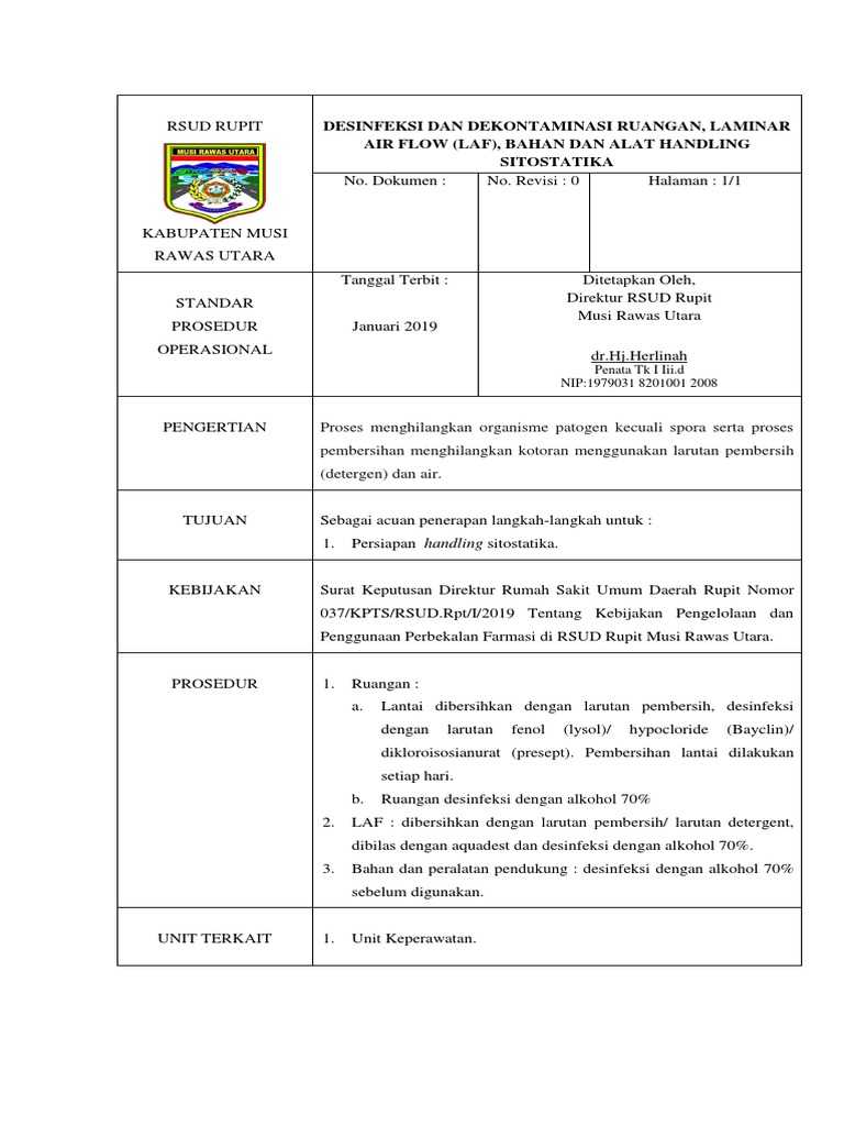 Spo Desinfeksi Dan Dekontaminasi Ruangan, Laminar Air Flow, Bahan Dan Alat Handling Sitostatika ...