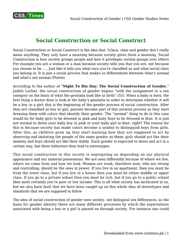 Social Construction of Gender - CSS Gender Studies Notes | PDF | Sexism ...