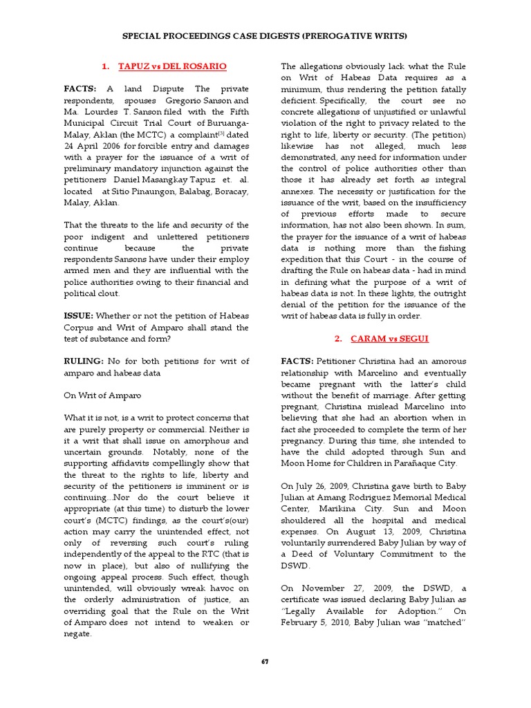 Specpro Case Digests Prerogative Writs | PDF | Habeas Corpus | Privacy