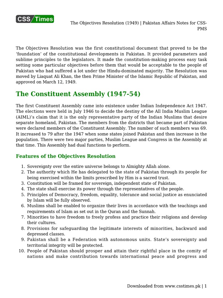 The Objectives Resolution (1949) - Pakistan Affairs Notes For CSS-PMS ...
