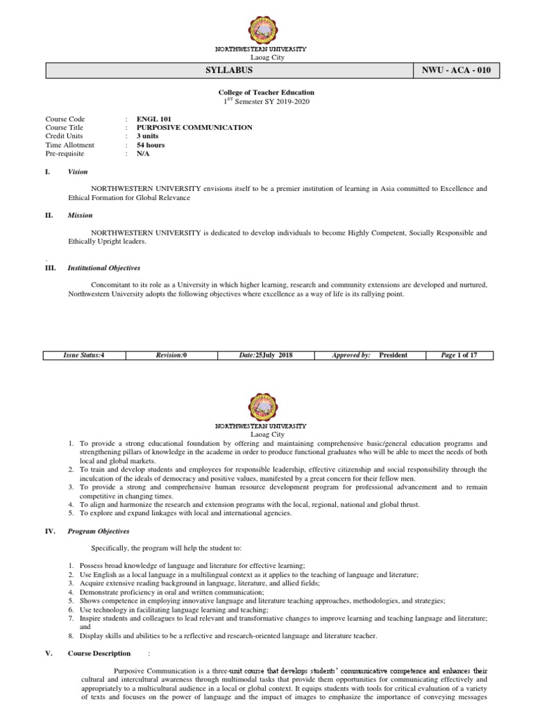 ENGL 101: Purposive Communication Syllabus | PDF | Mass Media ...