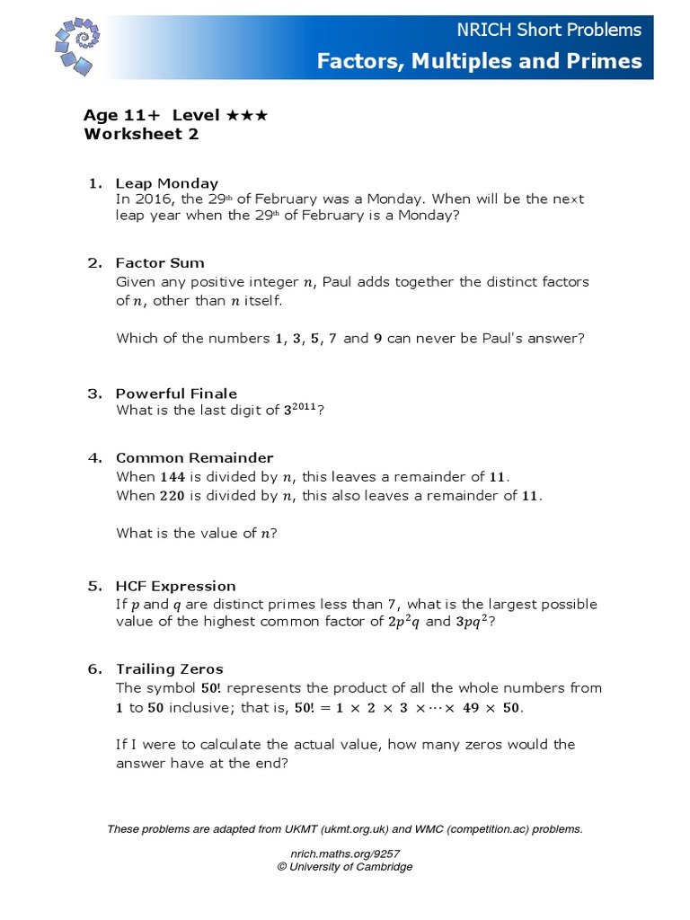 Factors, Multiples and Primes: Age 11+ Level Worksheet 2 | PDF