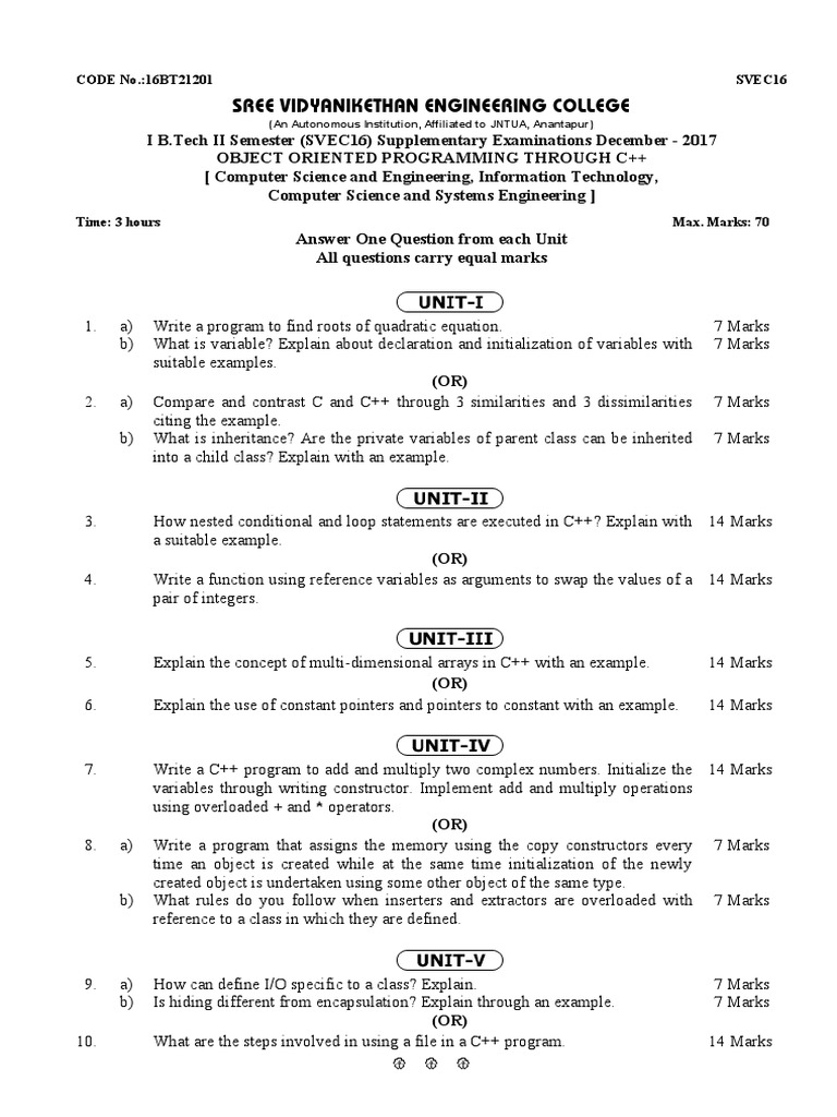 16bt21201 Object Oriented Programming Through C Pdf C Class Computer Programming
