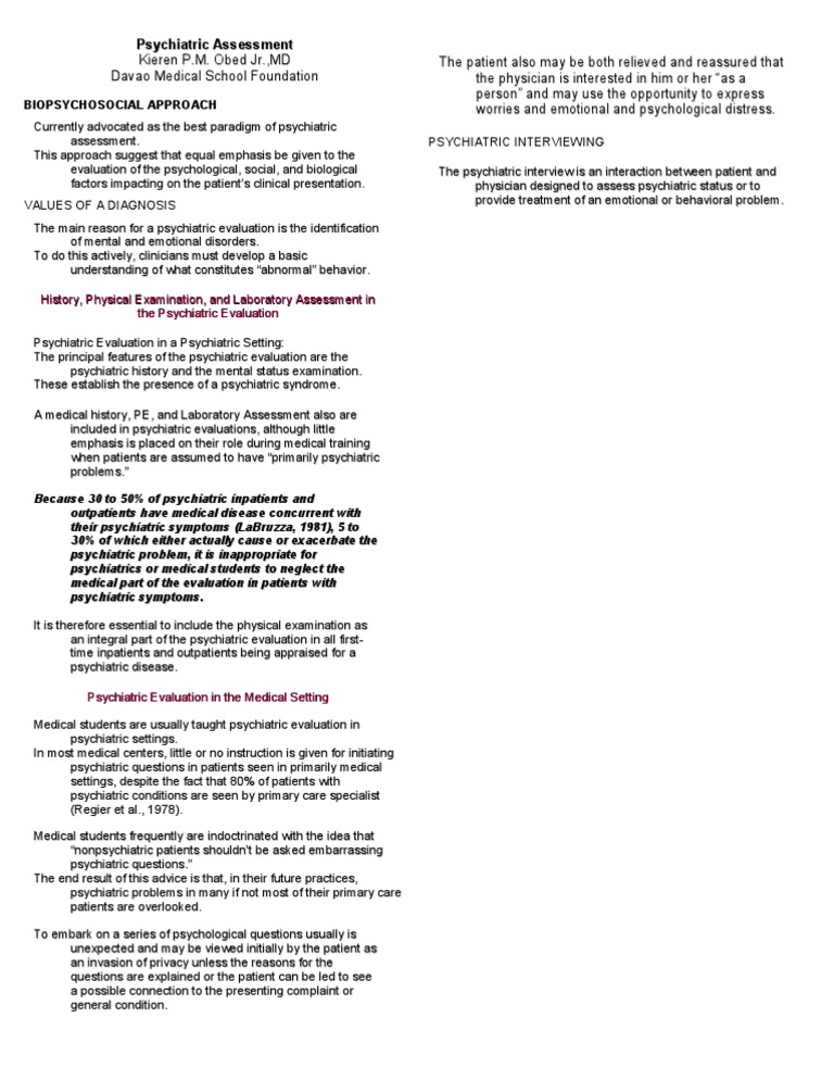 Psychiatric Assessment | PDF | Psychological Evaluation | Psychiatry