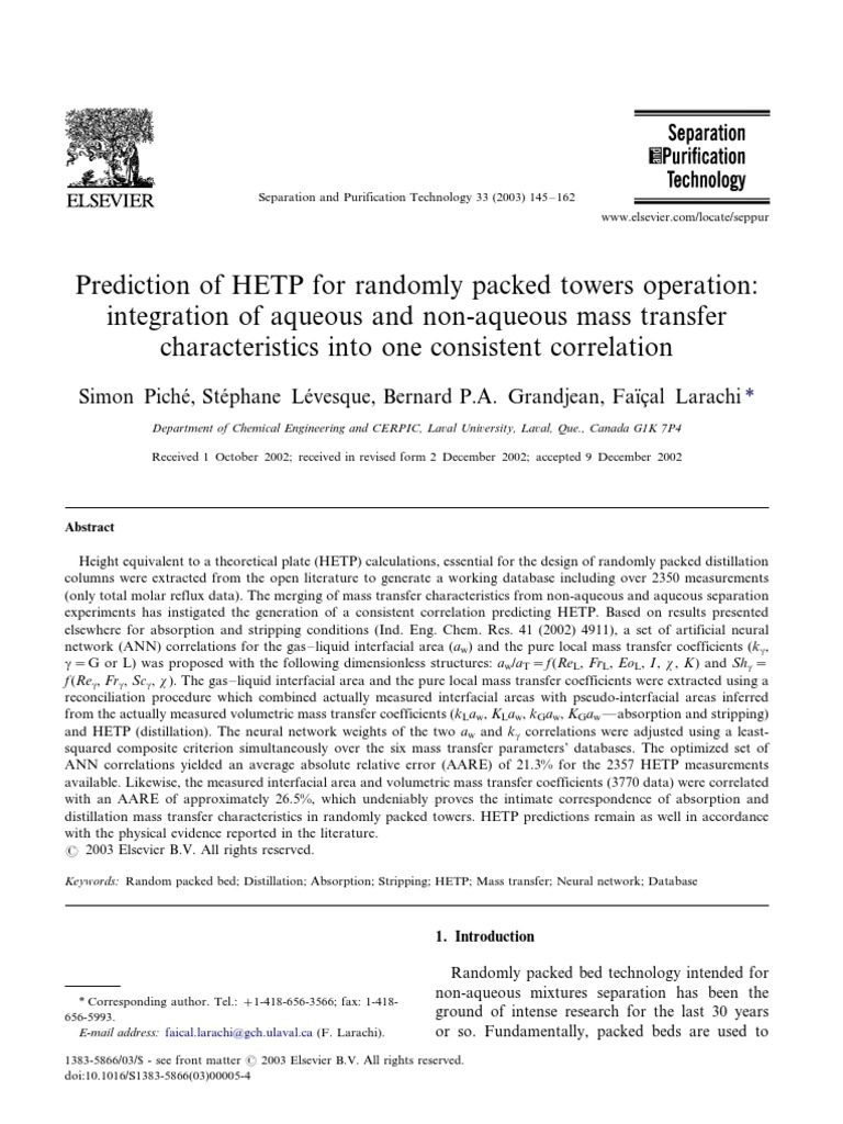 Prediction of HETP For Randomly Packed Towers Operation:integration of ...