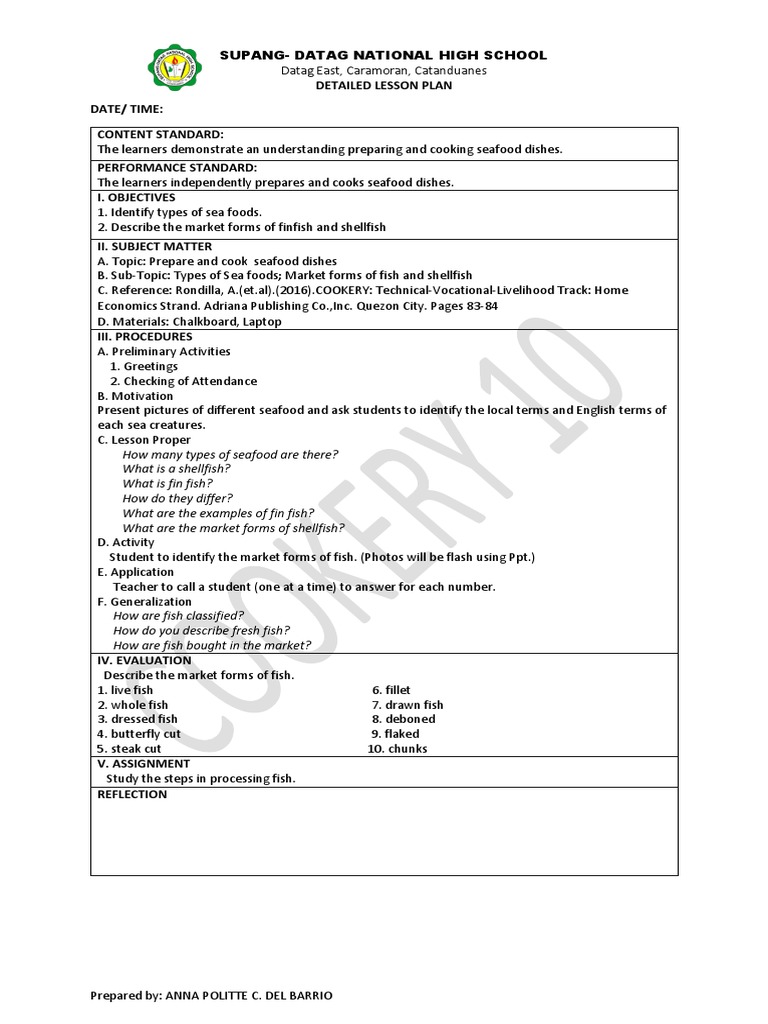 Prepare Seafood Dish | PDF | Seafood | Lesson Plan
