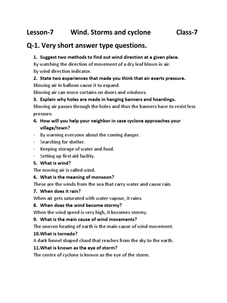 Lesson-7 Wind. Storms and Cyclone Class-7 Q-1. Very Short Answer Type ...